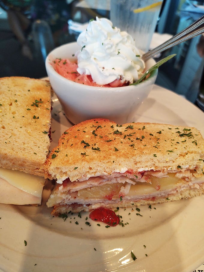 The Turkey Berry Sandwich arrives with strawberry soup, a pairing so inspired it deserves its own Ohio historical marker.