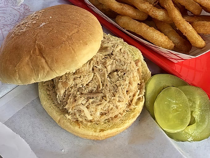 The namesake turkey sandwich arrives unassuming yet confident, like a Midwestern handshake—honest shredded turkey on a soft bun with pickle coins standing guard.