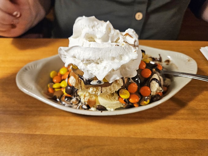 Reese's Pieces and whipped cream crowning vanilla ice cream—proof that sometimes the most beautiful things in life come in simple packages.