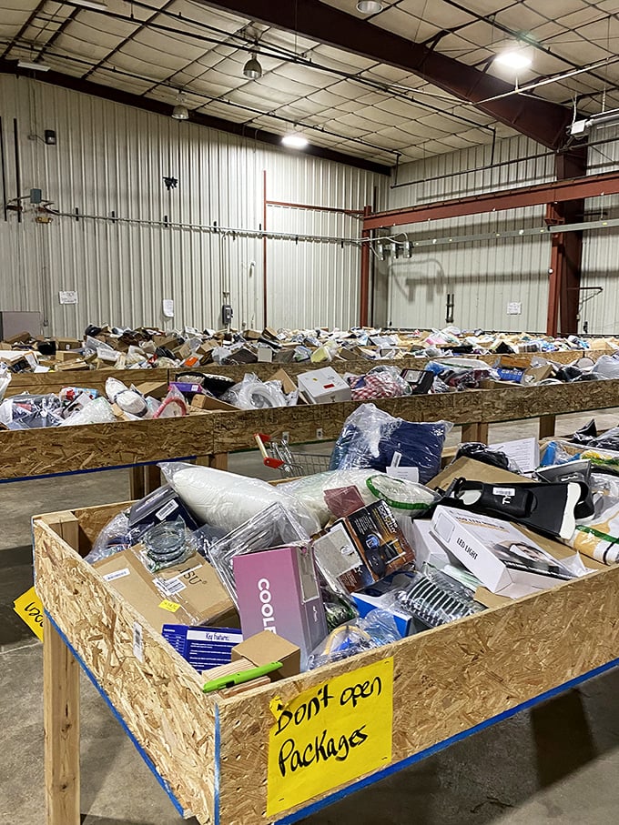 "Don't open package" warns the sign, but the temptation is real when bins overflow with potential treasures and unexpected finds.