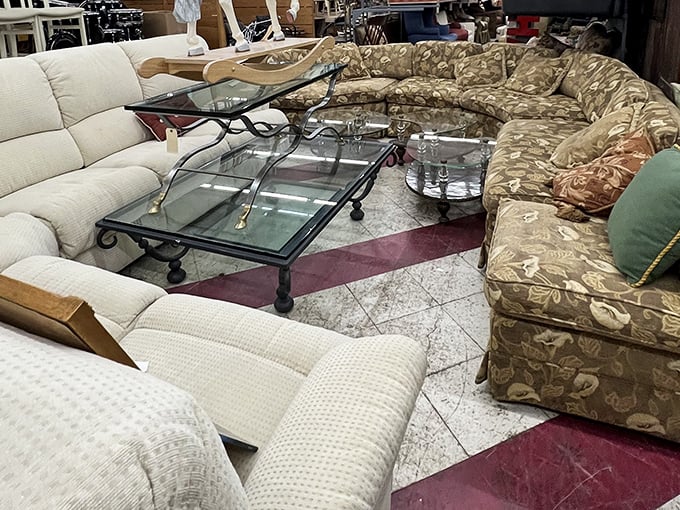 The living room section – where sectional sofas with stories to tell await their second act in your binge-watching adventures.