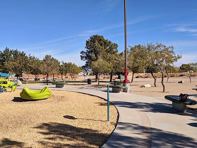 Playground equipment baking in the desert sun—childhood memories in the making, with a side of "maybe we should've come after sunset."