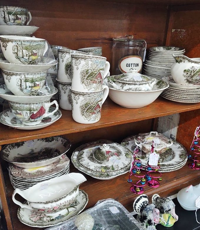 Vintage teacups and saucers await new homes and fresh gossip sessions. That "Friendly Village" pattern triggered more childhood memories than my high school yearbook.