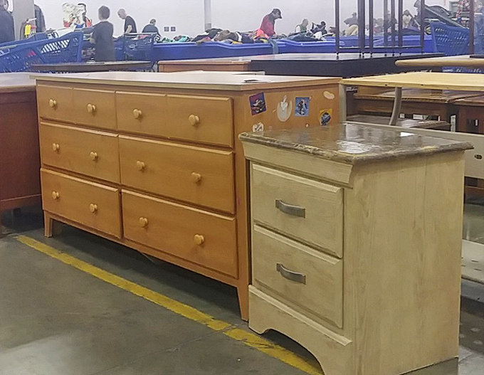 Solid wood dressers with actual dovetail joints wait for their second act. In an IKEA world, these sturdy survivors offer a glimpse of craftsmanship past.