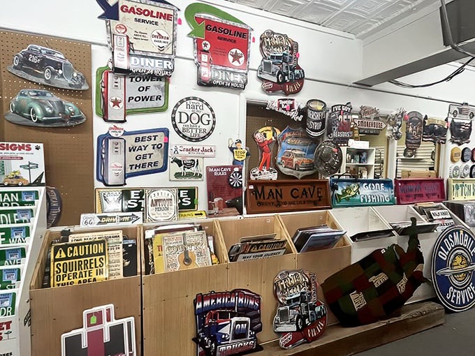 Man cave essentials and vintage signs that transform ordinary walls into conversation pieces. "Caution: Squirrels Operate Heavy Machinery" – now that's a warning!