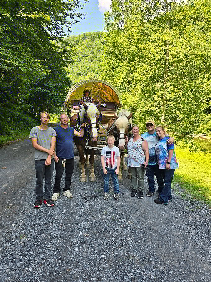 Creating memories that outlast any souvenir, families pose with the magnificent draft horses that have just transported them through living history.