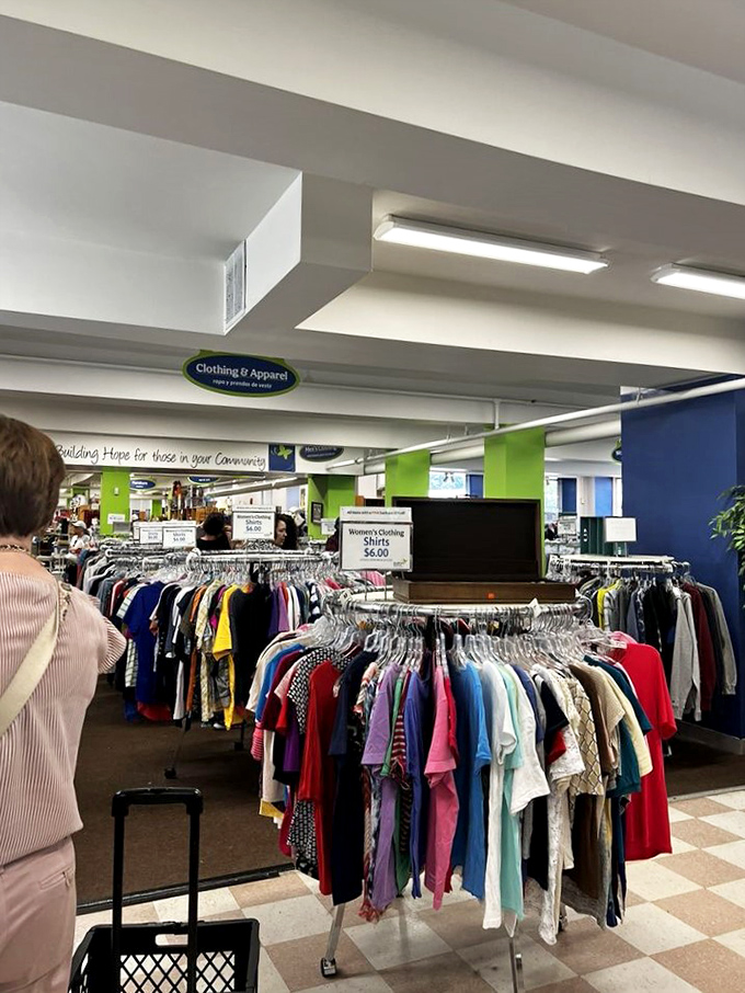 The colorful clothing section at Outfitters is like a rainbow after a retail rainstorm—bright, cheerful, and promising something valuable at the end.