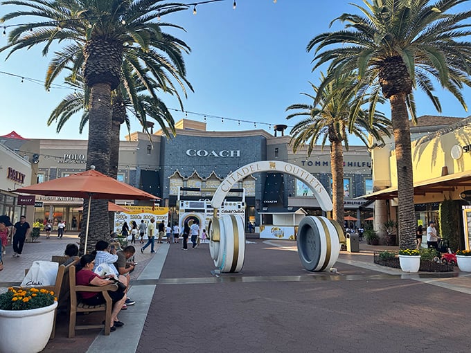 Palm trees frame the Coach store's impressive entrance, where shoppers gather like pilgrims at a temple dedicated to discounted leather goods.