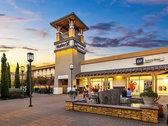 Sunset shopping takes on a magical quality as the tower lights illuminate. Even the mannequins seem to be saying, "Just one more store before you go."