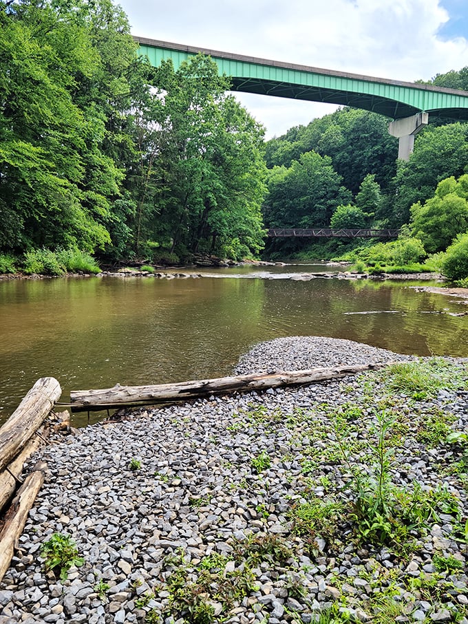 The bridge spanning the river creates a perfect frame for nature's artwork – the kind of view that makes you forget to check your phone.