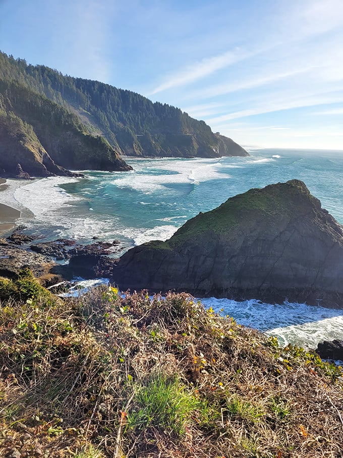 The Oregon coast at its most dramatic – where towering cliffs meet churning waves in a geological spectacle millions of years in the making.