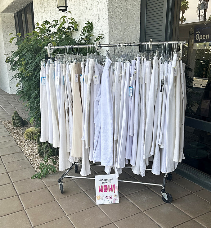 The white pants collection—proof that in Palm Desert, it's acceptable to wear white long after Labor Day, especially at these prices.