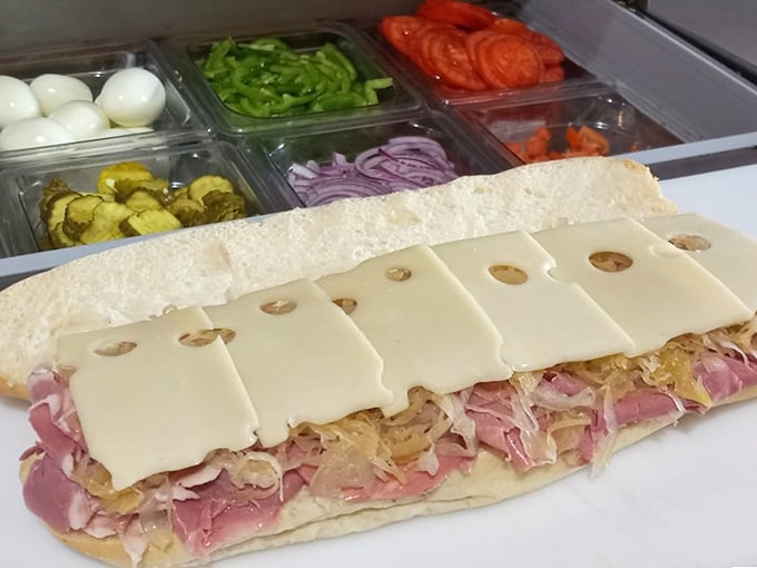 Behold the art of sandwich construction – ham and cheese layered with mathematical precision that would make your high school geometry teacher weep with joy.