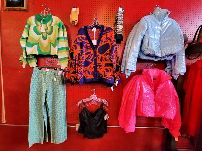 Fashion time travel in technicolor: from retro green bell-bottoms to hot pink puffers, each piece waits for its second chance to make a first impression.