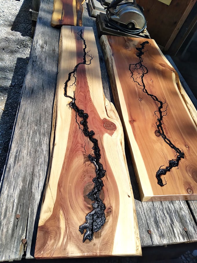 Nature's lightning captured in wood. These live-edge slabs with dramatic inlay transform tree wounds into works of art that would make any woodworker swoon.