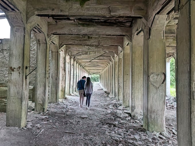 Walking through this abandoned quarry tunnel feels like stepping into an episode of "The Twilight Zone"—limestone walls whispering secrets of the past. 