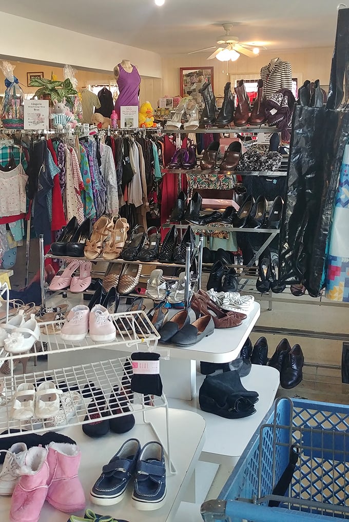 Shoe paradise awaits the patient hunter. Each pair has walked a different path before finding its way to these shelves.