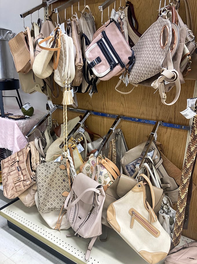 Designer bag heaven without the designer price tag. That Michael Kors lookalike is practically begging to be rescued from its hanging purgatory. 