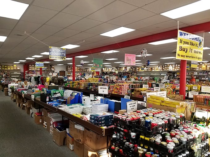 Tables overflowing with merchandise create the classic Odd-Lot experience—part department store, part garage sale, all adventure.
