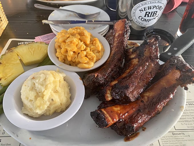 Beef ribs and sides that would make Fred Flintstone weep with joy. This isn't dinner; it's a carnivore's dream sequence.