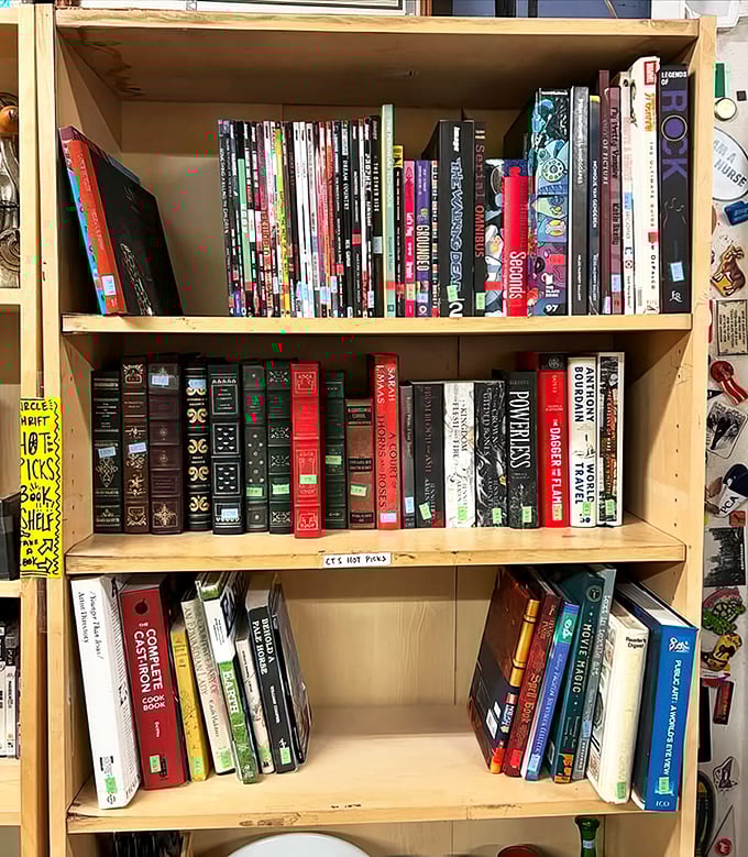 The book section offers literary journeys for pocket change—from leather-bound classics to dog-eared paperbacks that carried someone else through a rainy weekend.