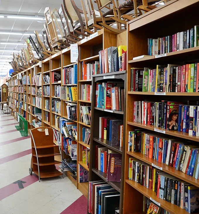 A bibliophile's dream come true! These well-organized shelves hold everything from forgotten bestsellers to rare finds, proving books never truly go out of style.