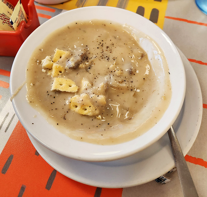 Clam chowder that doesn't need a New England zip code to prove its worth – comfort in a bowl with oyster crackers.