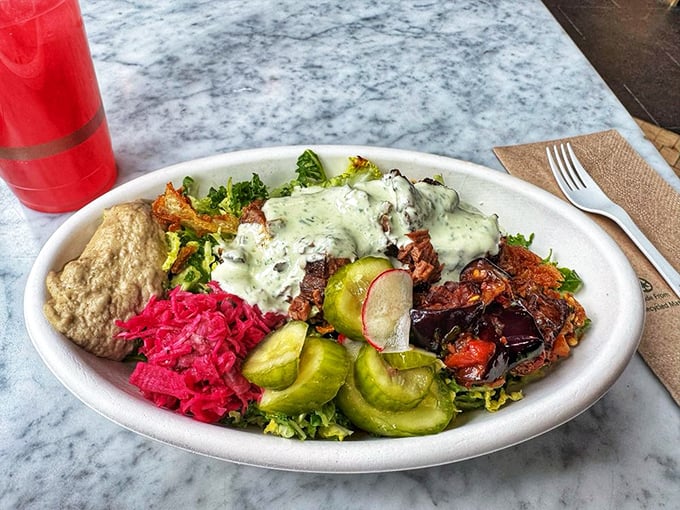 The legendary brisket salad in all its glory—a perfect harmony of tender meat, bright pickles, and creamy sauce that makes salad feel like an indulgence rather than a compromise.