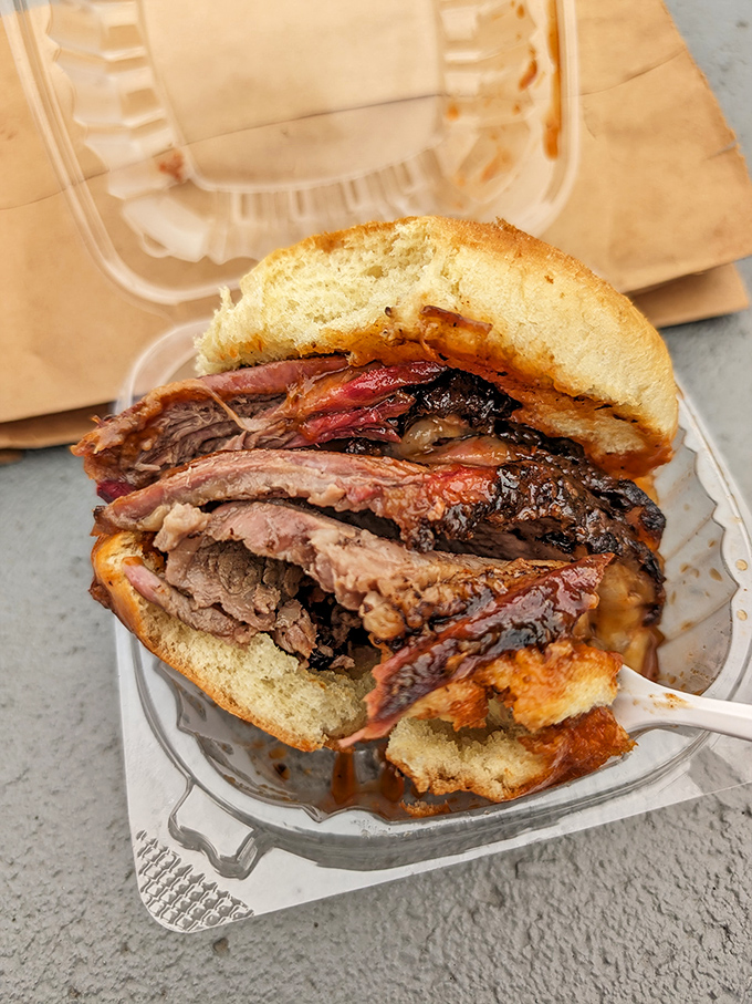 This brisket sandwich is basically a meat avalanche between bread – approach with napkins and pure determination.