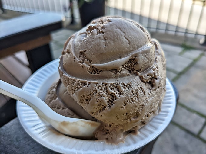 A mountain of chocolate almond ice cream that would make Willy Wonka jealous—dense, creamy, and worth every calorie.