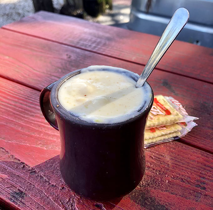 This clam chowder arrives in a mug that's practically begging you to wrap your hands around its warmth.