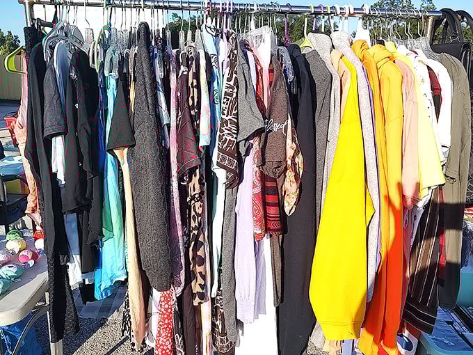 The clothing racks tell stories through fabric—each garment a chapter from someone else's life, waiting for its sequel with a new owner.