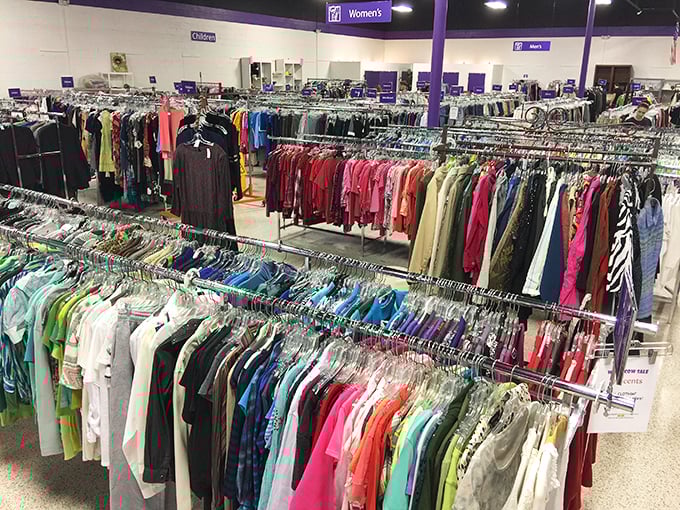 A rainbow of women's clothing arranged with surprising precision—proof that organization and second-hand shopping aren't mutually exclusive concepts. 