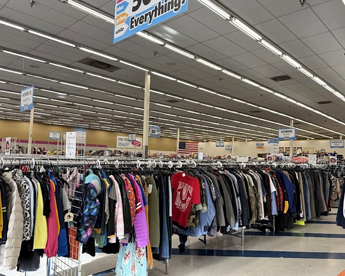 The clothing section stretches toward the horizon like a textile ocean. Somewhere in these racks is the perfect outfit you didn't know you needed.