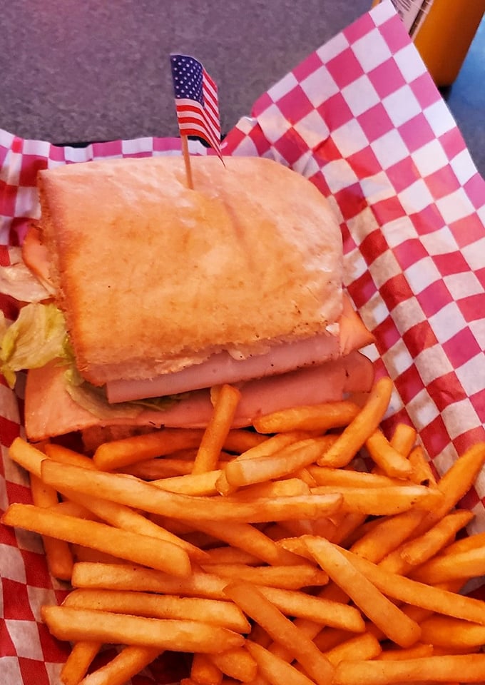 The sandwich that launched a thousand road trips. That little American flag isn't just patriotic—it's marking territory in the battlefield of legendary Ohio sandwiches.