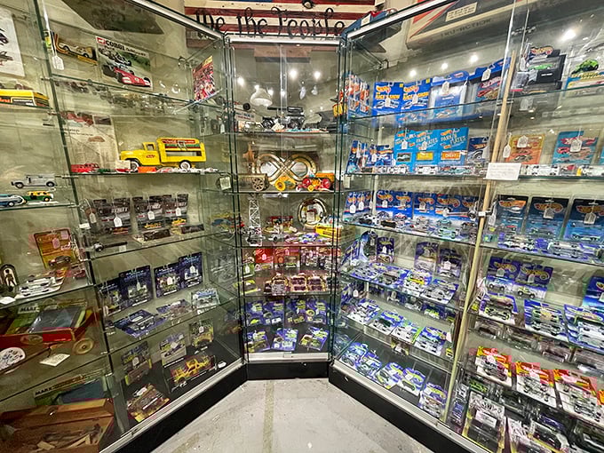 Glass cases packed with enough collectibles to make any episode of Antiques Roadshow jealous.