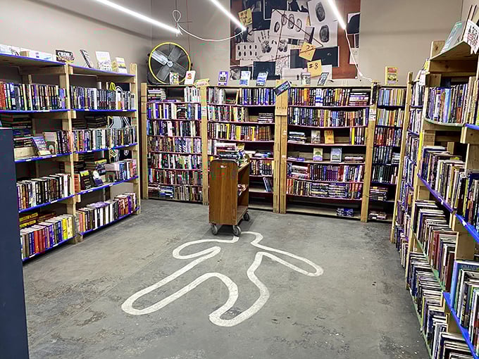 The crime fiction section, where the only thing murdered is your book budget. That chalk outline on the floor is either clever décor or where someone fainted from joy.