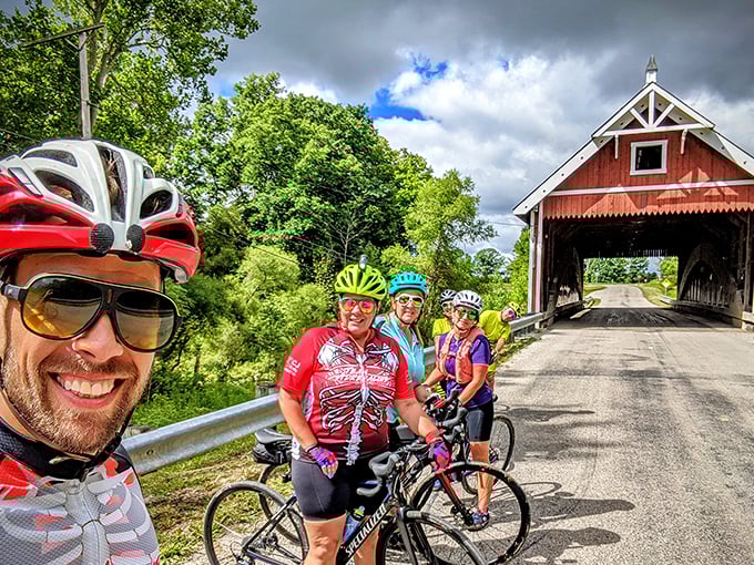 Even serious cyclists can't resist stopping for a photo op at this picturesque landmark—spandex and scenery in perfect harmony.