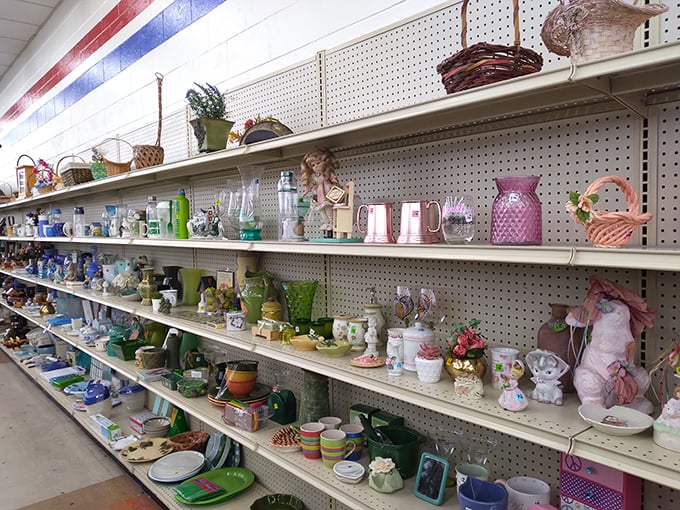 Shelves packed with dishes, mugs, and treasures create a wonderland where every household need finds its perfect match.