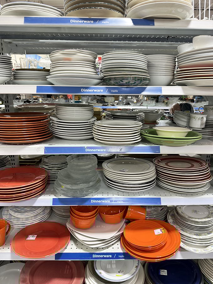 Plates upon plates upon plates—mismatched dinnerware that somehow makes more sense together than any matching set ever could.