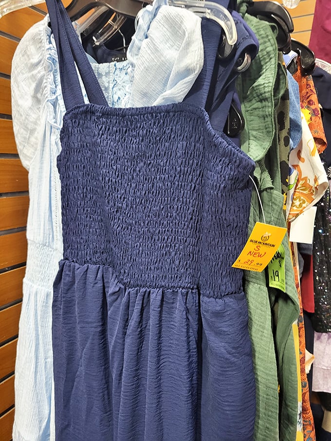 A brand-new blue sundress with its original tag still attached – proof that "thrifting" and "new wardrobe" aren't mutually exclusive concepts.