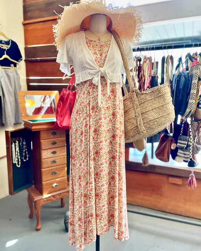This floral ensemble with straw hat and basket bag isn't just an outfit—it's an entire summer personality waiting to be adopted.