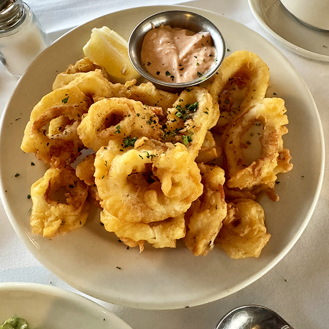 Golden-fried calamari that doesn't know the meaning of "rubbery" – just crisp, tender rings waiting for a dip in that house-made sauce.