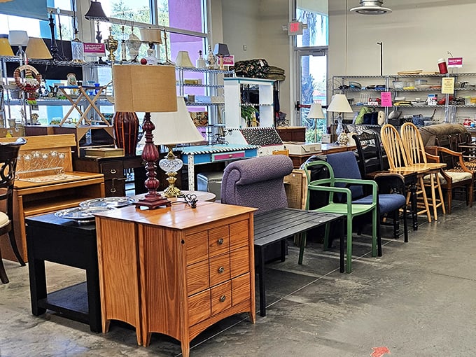 Furniture that tells stories: that Mission-style end table might have witnessed decades of family dinners before landing here, ready for its second chapter.
