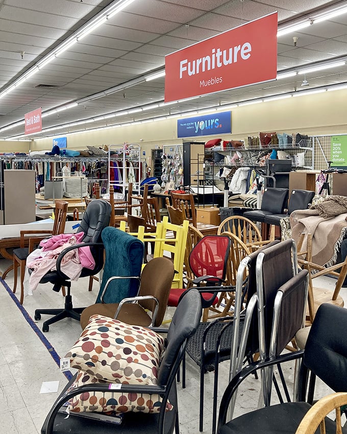 The furniture section resembles a living room family reunion – chairs of all generations gathered together, each with character lines and stories to tell. 