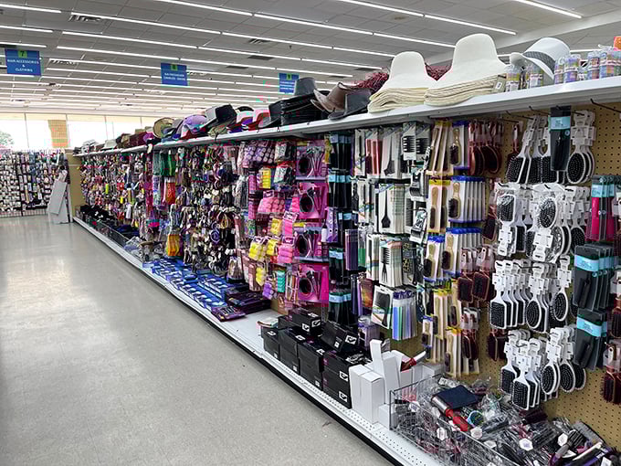 Kitchen gadgets and hair accessories living in perfect harmony, proving that organization is merely a suggestion in the dollar store universe.