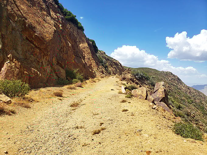 The path less traveled offers its own rewards. This sun-baked trail hugs the mountainside like nature's own balcony overlooking the desert below.