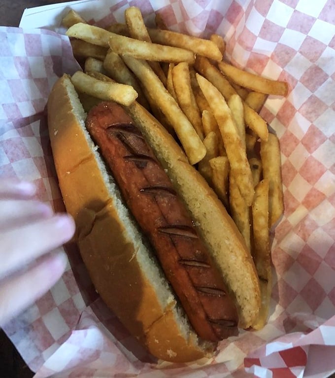 Sometimes simplicity wins the day – a classic hot dog with perfect grill marks flanked by golden fries that practically beg to be stolen.