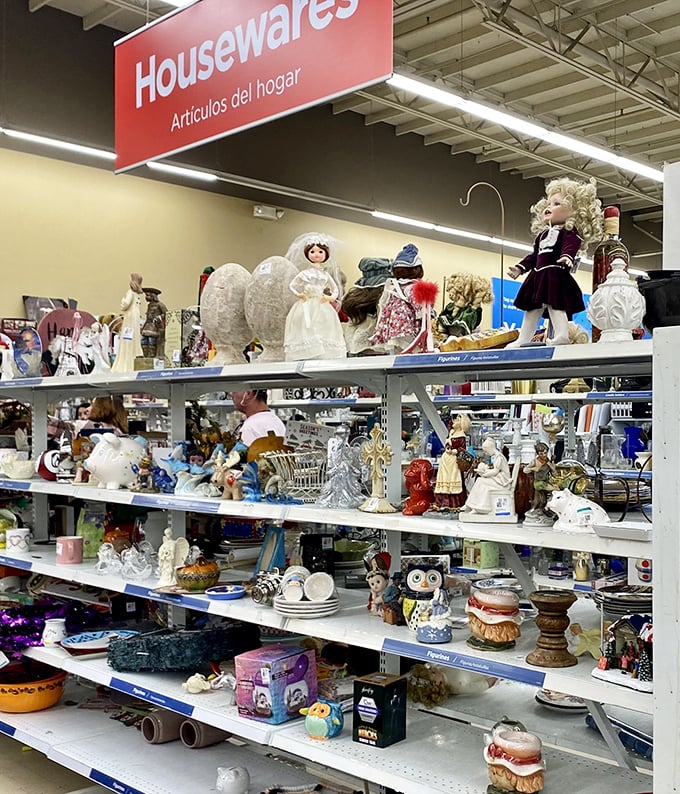 The housewares section—where vintage porcelain figurines and decorative owls find their second chance at mantelpiece stardom. Marie Kondo would be conflicted.