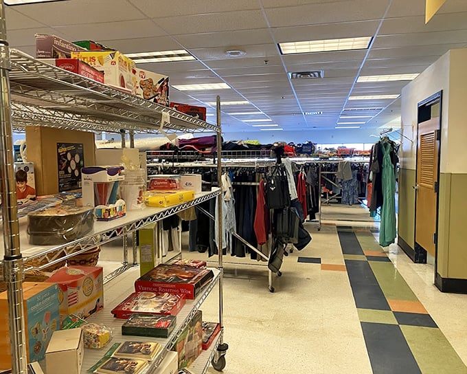 Beyond the bins – some sections offer a more traditional shopping experience, with items organized on racks and shelves for easier browsing.